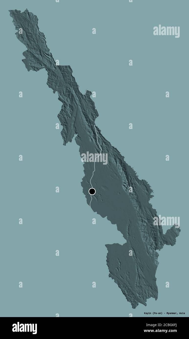 Shape of Kayin, state of Myanmar, with its capital isolated on a solid ...