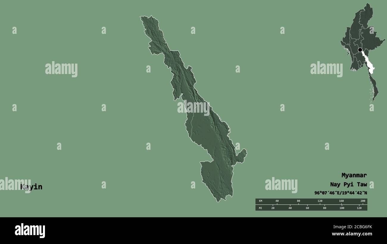 Shape of Kayin, state of Myanmar, with its capital isolated on solid ...