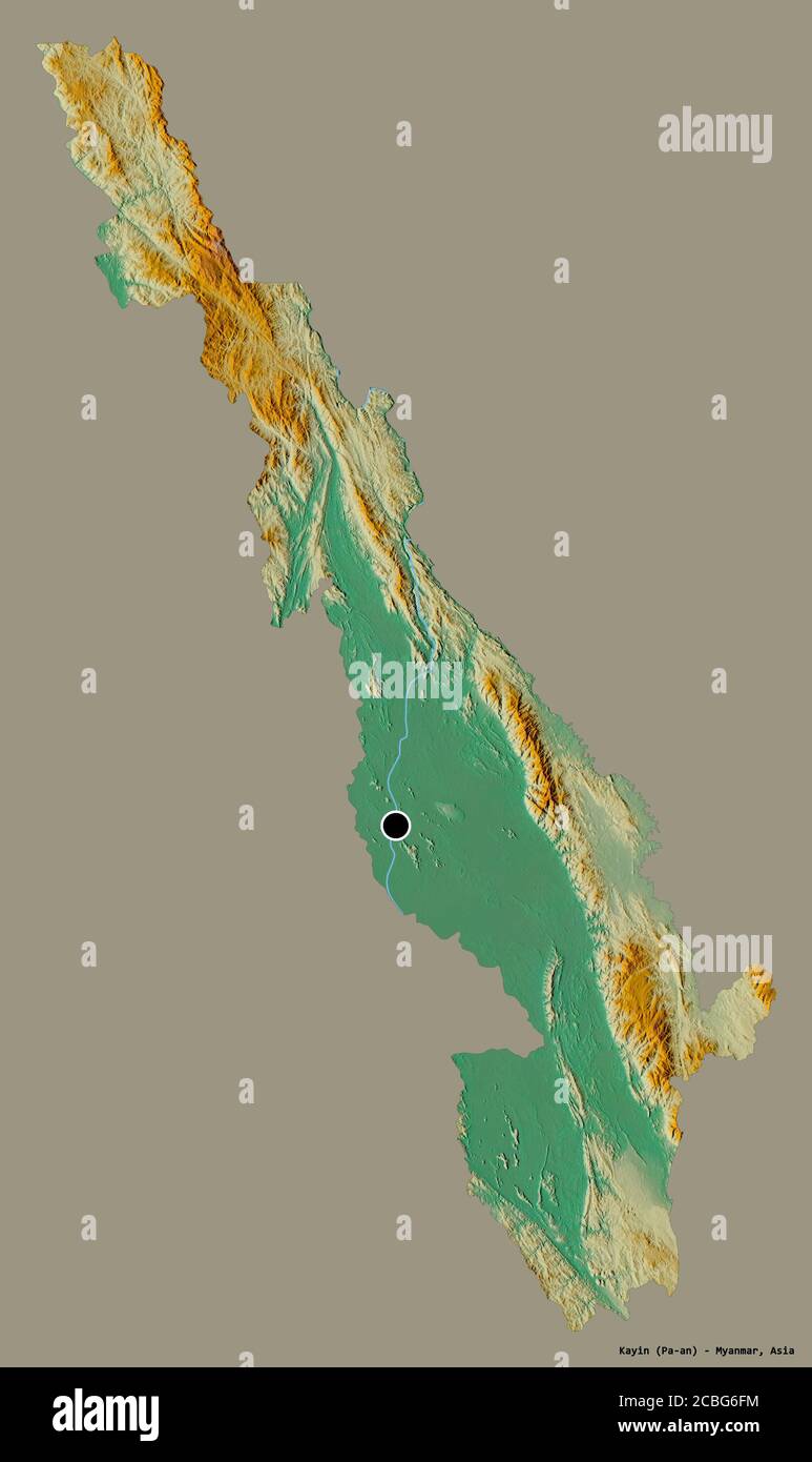 Shape of Kayin, state of Myanmar, with its capital isolated on a solid ...