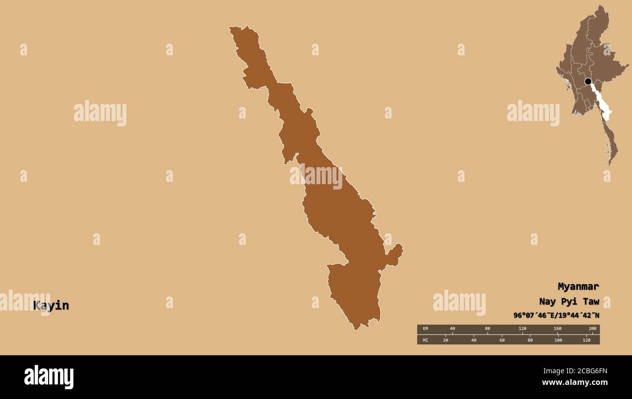 Shape of Kayin, state of Myanmar, with its capital isolated on solid ...