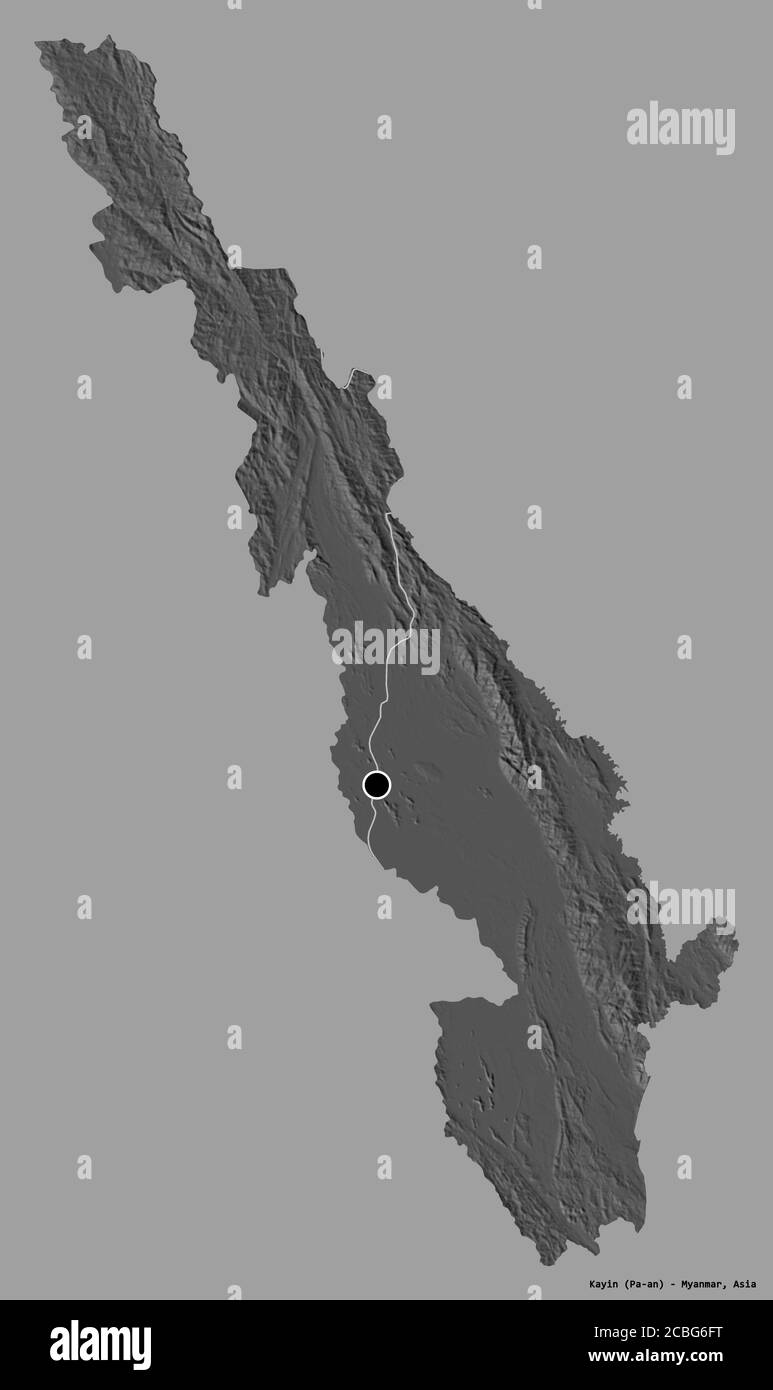 Shape of Kayin, state of Myanmar, with its capital isolated on a solid ...