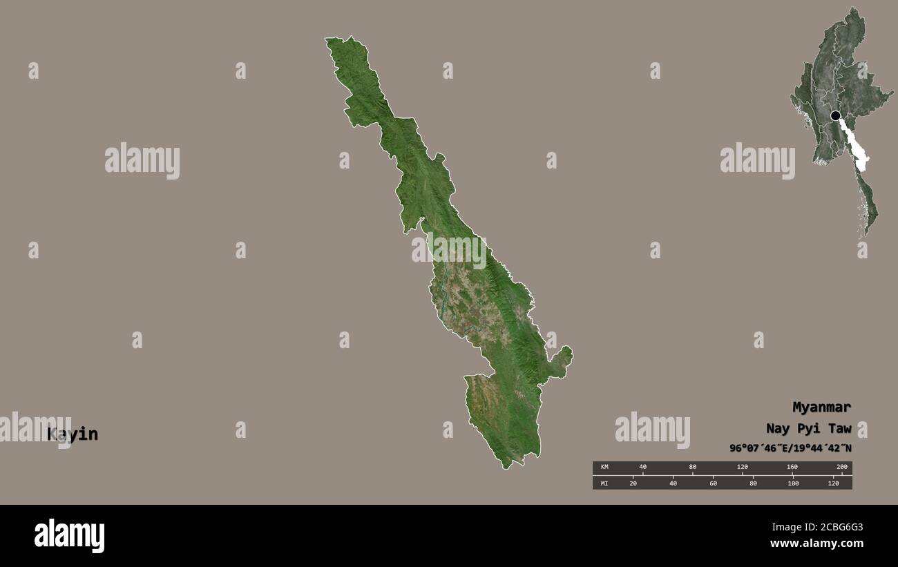 Shape of Kayin, state of Myanmar, with its capital isolated on solid ...