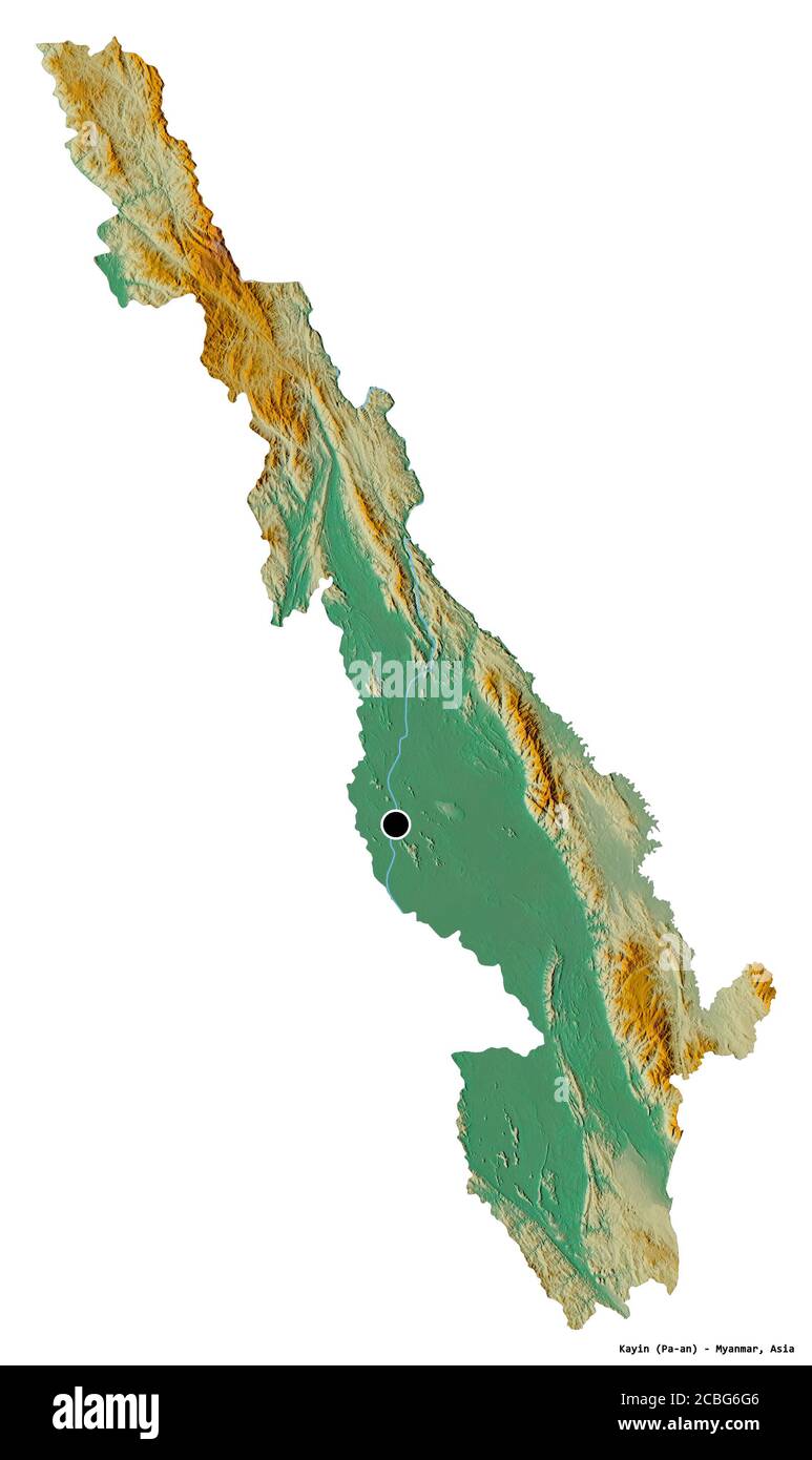 Shape of Kayin, state of Myanmar, with its capital isolated on white ...