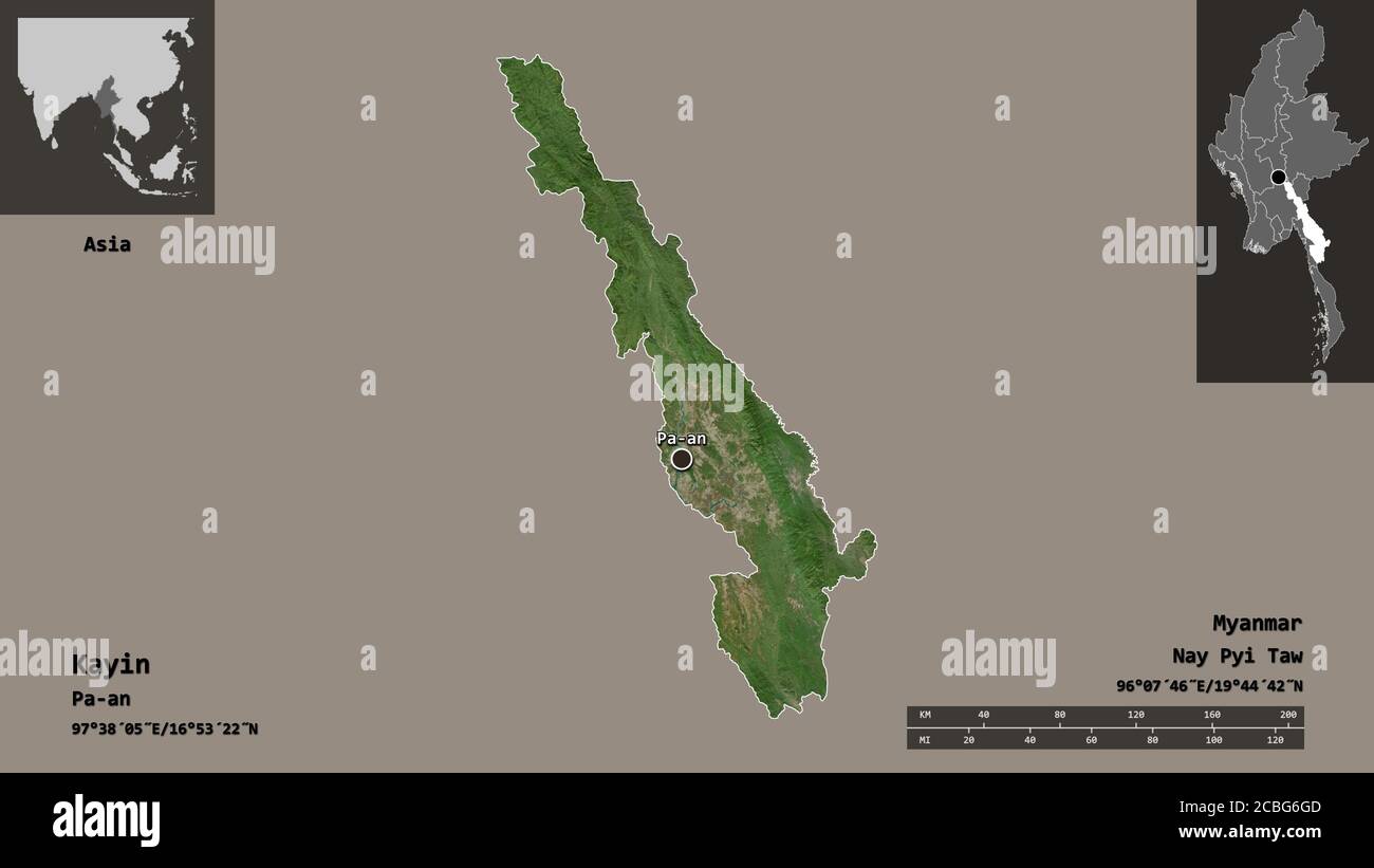 Shape of Kayin, state of Myanmar, and its capital. Distance scale ...