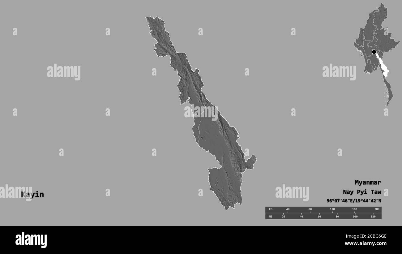 Shape of Kayin, state of Myanmar, with its capital isolated on solid ...