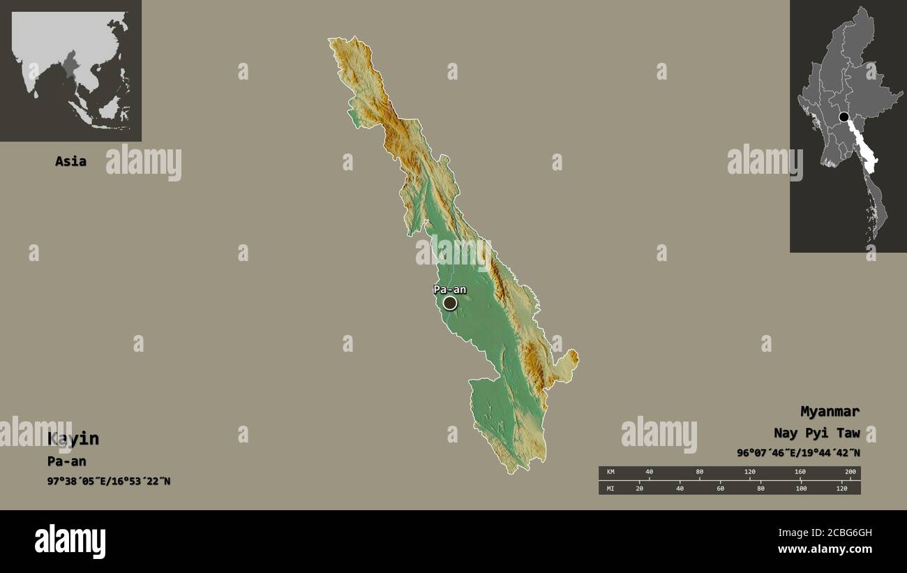 Shape of Kayin, state of Myanmar, and its capital. Distance scale ...