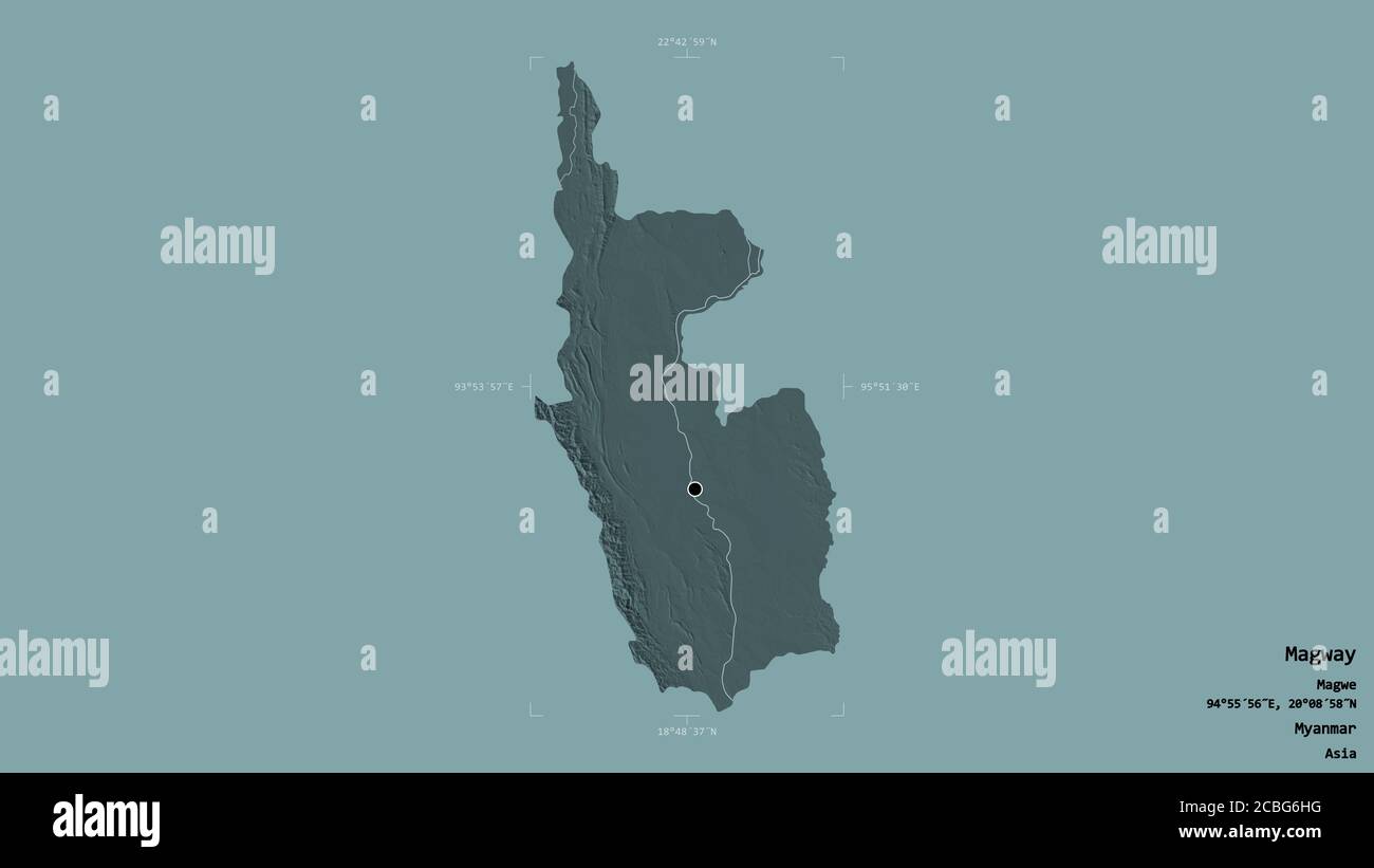 Area of Magway, division of Myanmar, isolated on a solid background in ...
