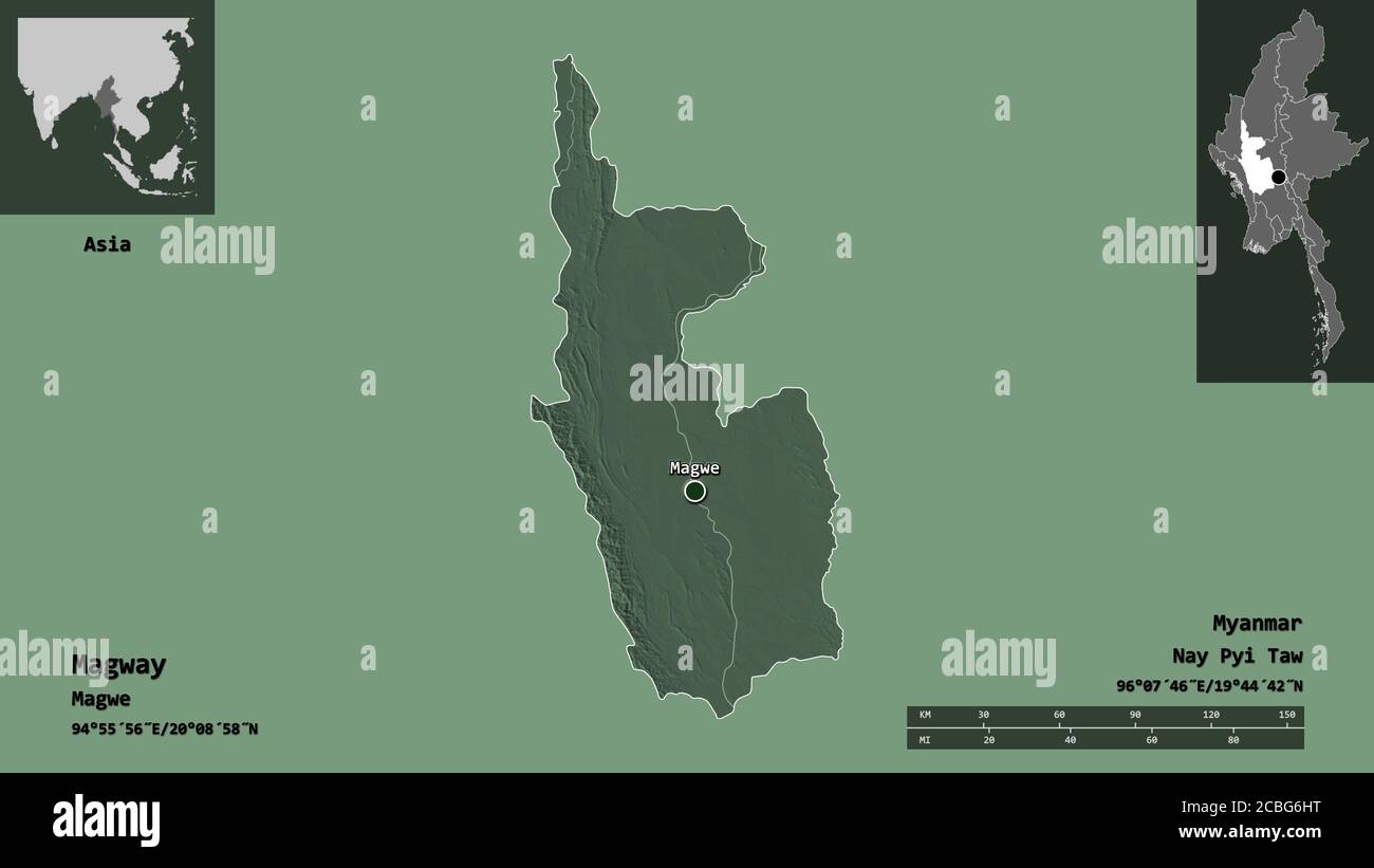 Shape of Magway, division of Myanmar, and its capital. Distance scale ...