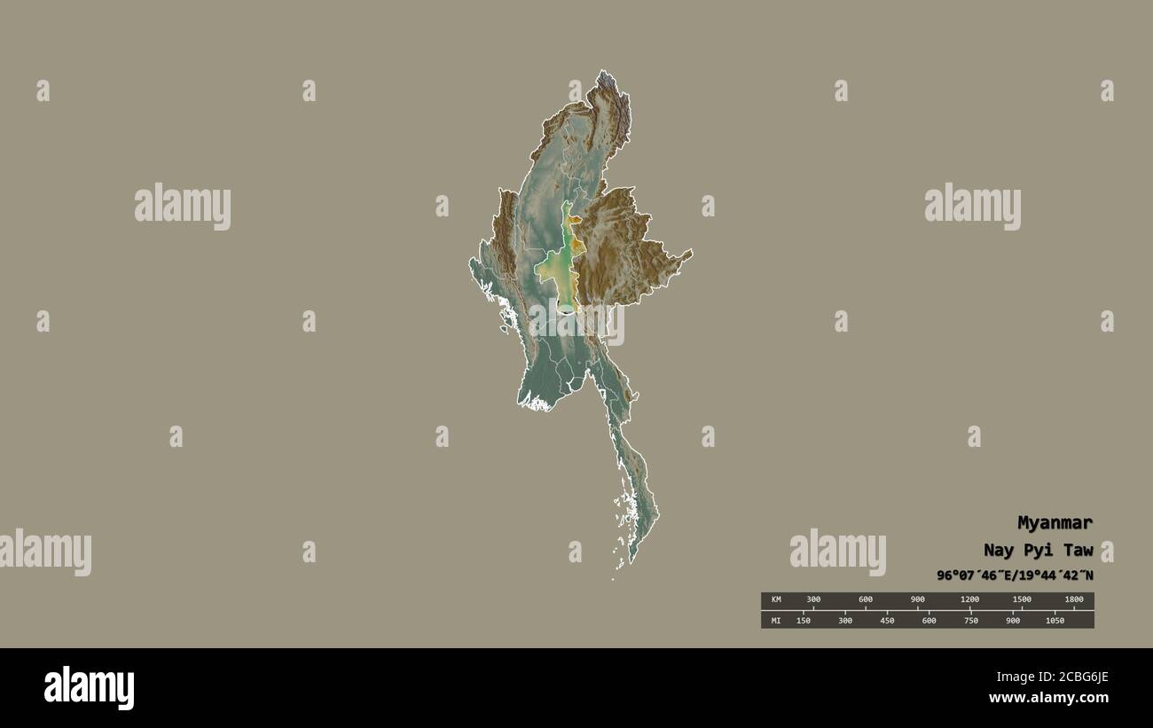 Desaturated shape of Myanmar with its capital, main regional division ...