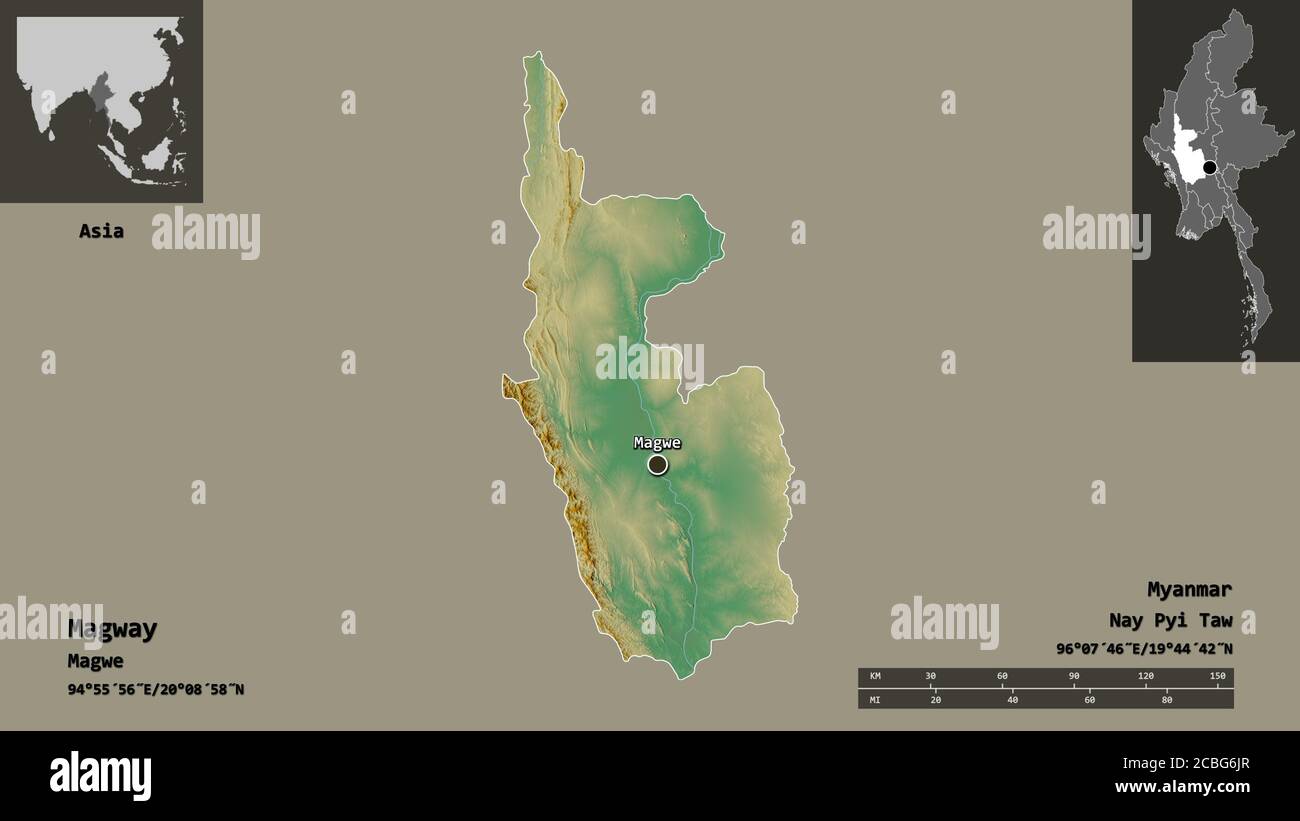 Shape of Magway, division of Myanmar, and its capital. Distance scale ...