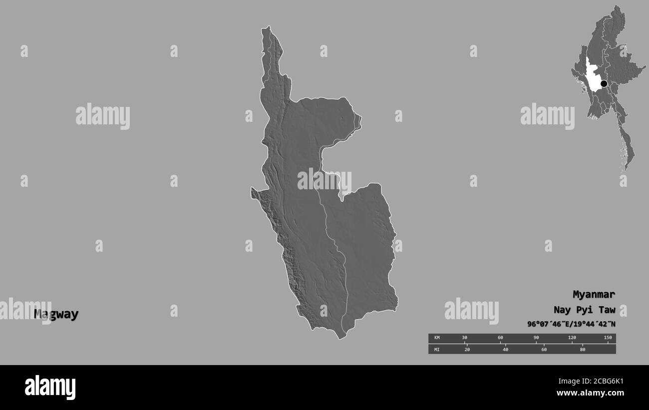 Shape of Magway, division of Myanmar, with its capital isolated on ...
