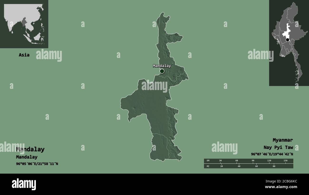 Shape of Mandalay, division of Myanmar, and its capital. Distance scale ...
