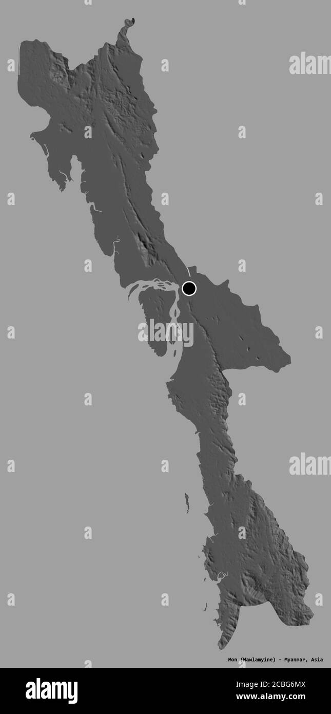 Shape of Mon, state of Myanmar, with its capital isolated on a solid ...