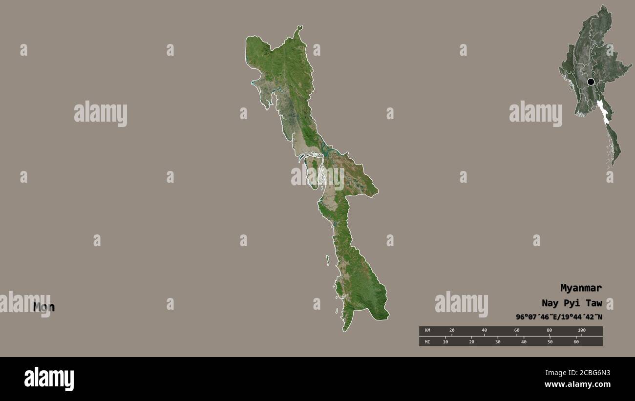 Shape of Mon, state of Myanmar, with its capital isolated on solid ...