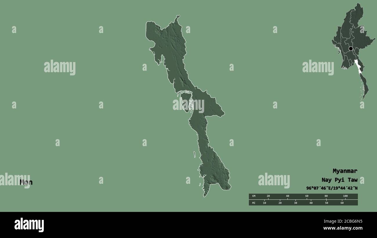 Shape of Mon, state of Myanmar, with its capital isolated on solid ...
