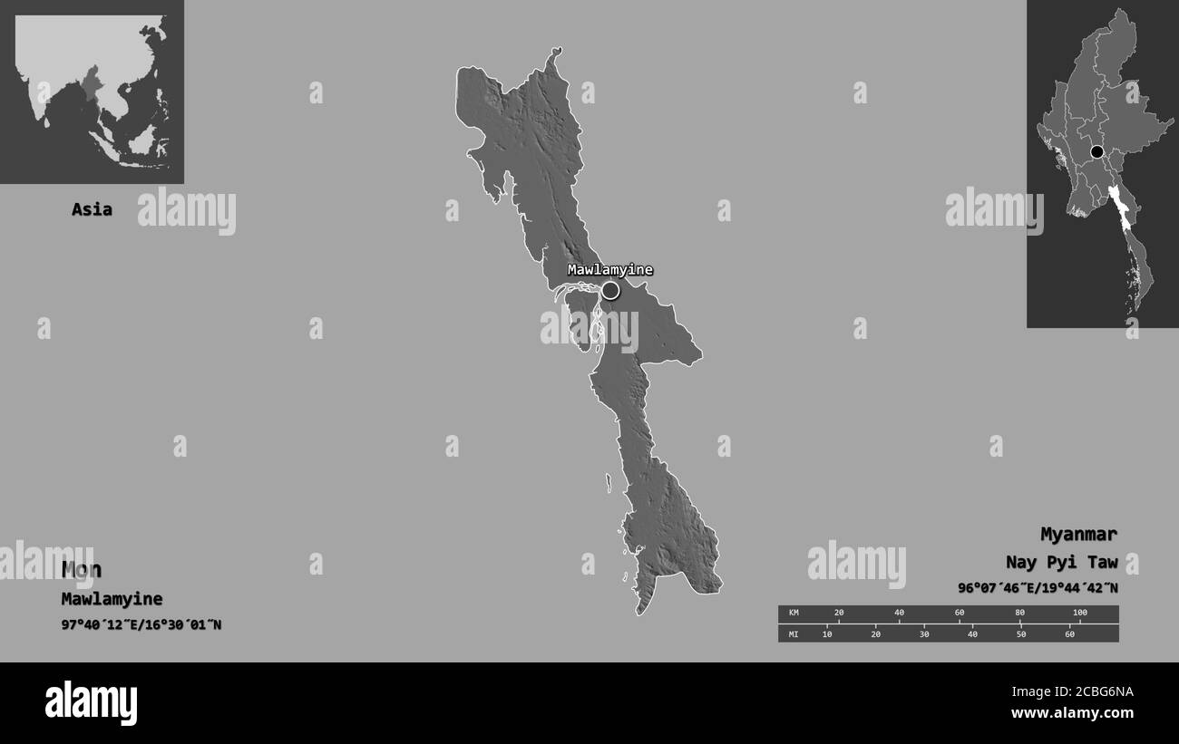 Shape of Mon, state of Myanmar, and its capital. Distance scale ...