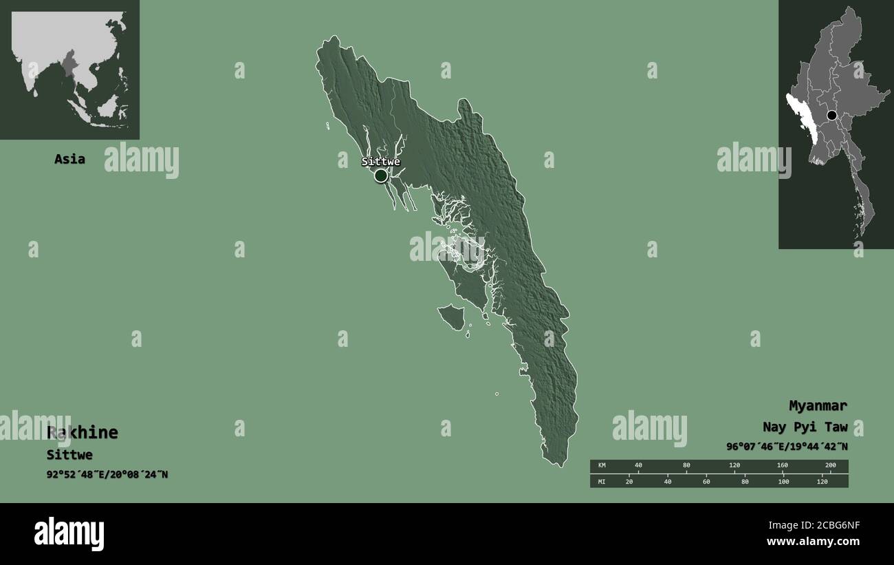 Shape of Rakhine, state of Myanmar, and its capital. Distance scale ...