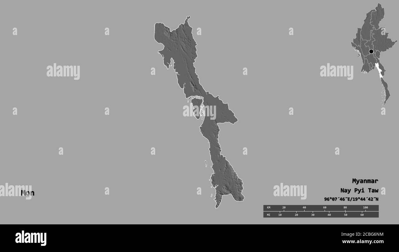 Shape of Mon, state of Myanmar, with its capital isolated on solid ...
