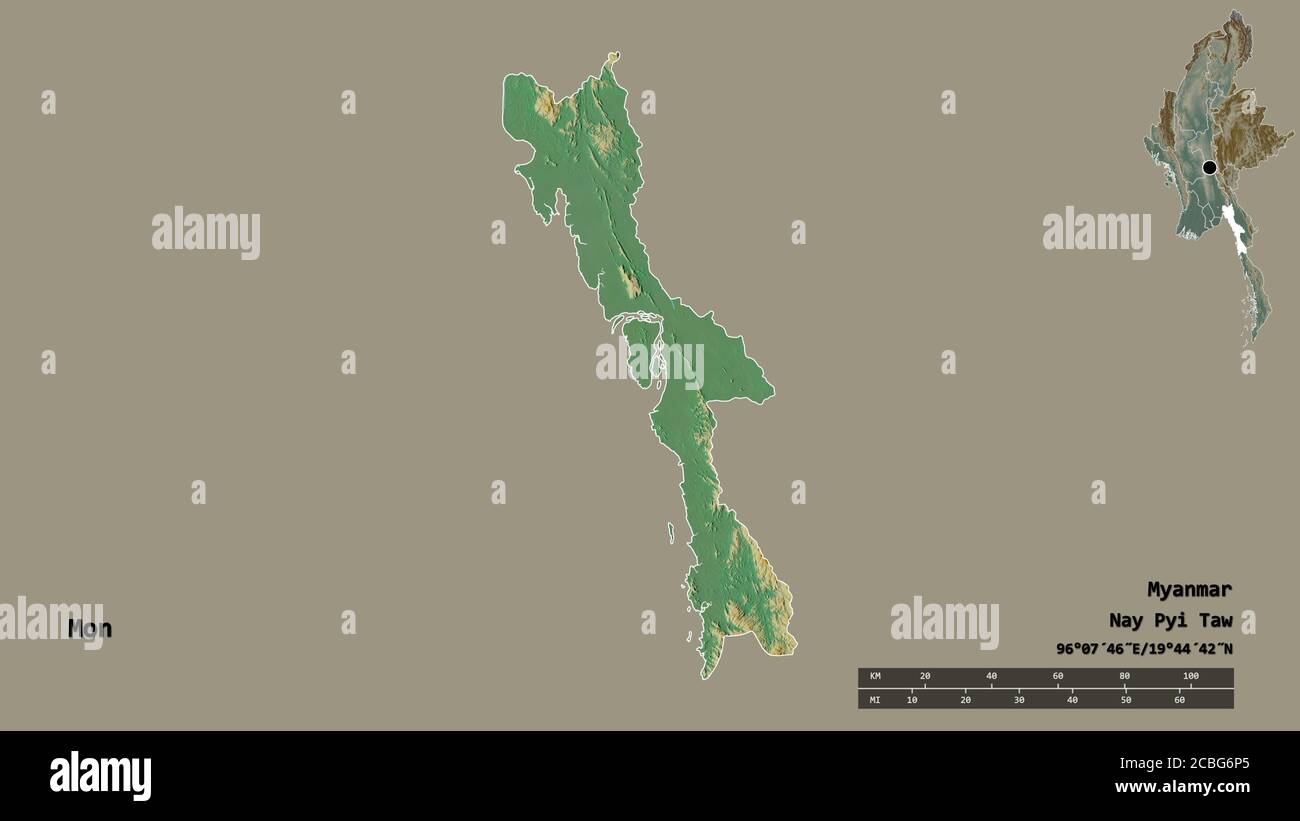 Shape of Mon, state of Myanmar, with its capital isolated on solid ...