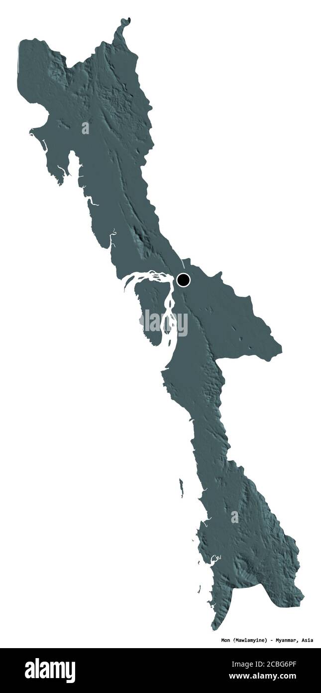 Shape of Mon, state of Myanmar, with its capital isolated on white ...