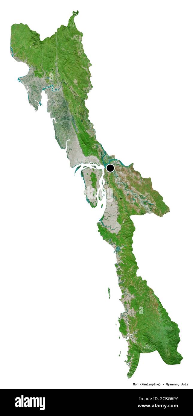 Shape of Mon, state of Myanmar, with its capital isolated on white ...