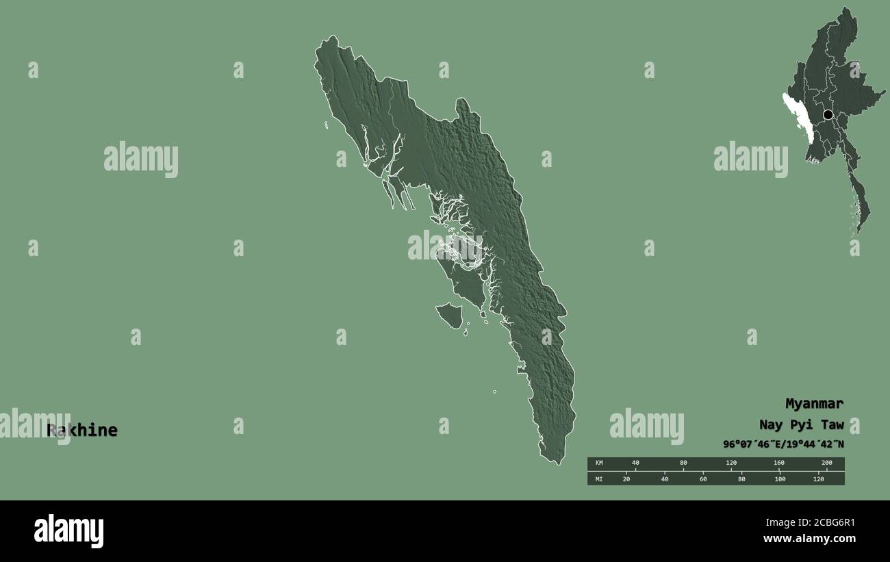 Shape of Rakhine, state of Myanmar, with its capital isolated on solid ...