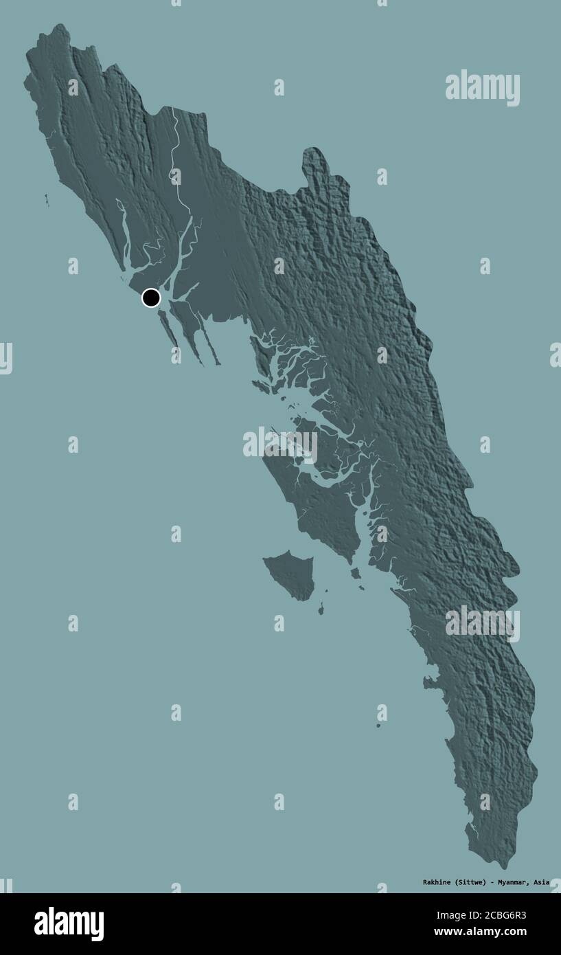 Shape of Rakhine, state of Myanmar, with its capital isolated on a ...
