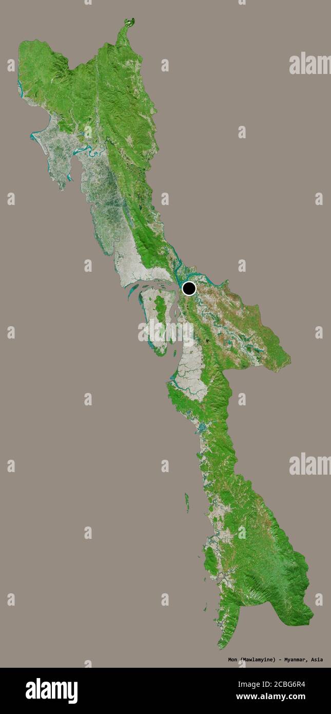 Shape of Mon, state of Myanmar, with its capital isolated on a solid ...