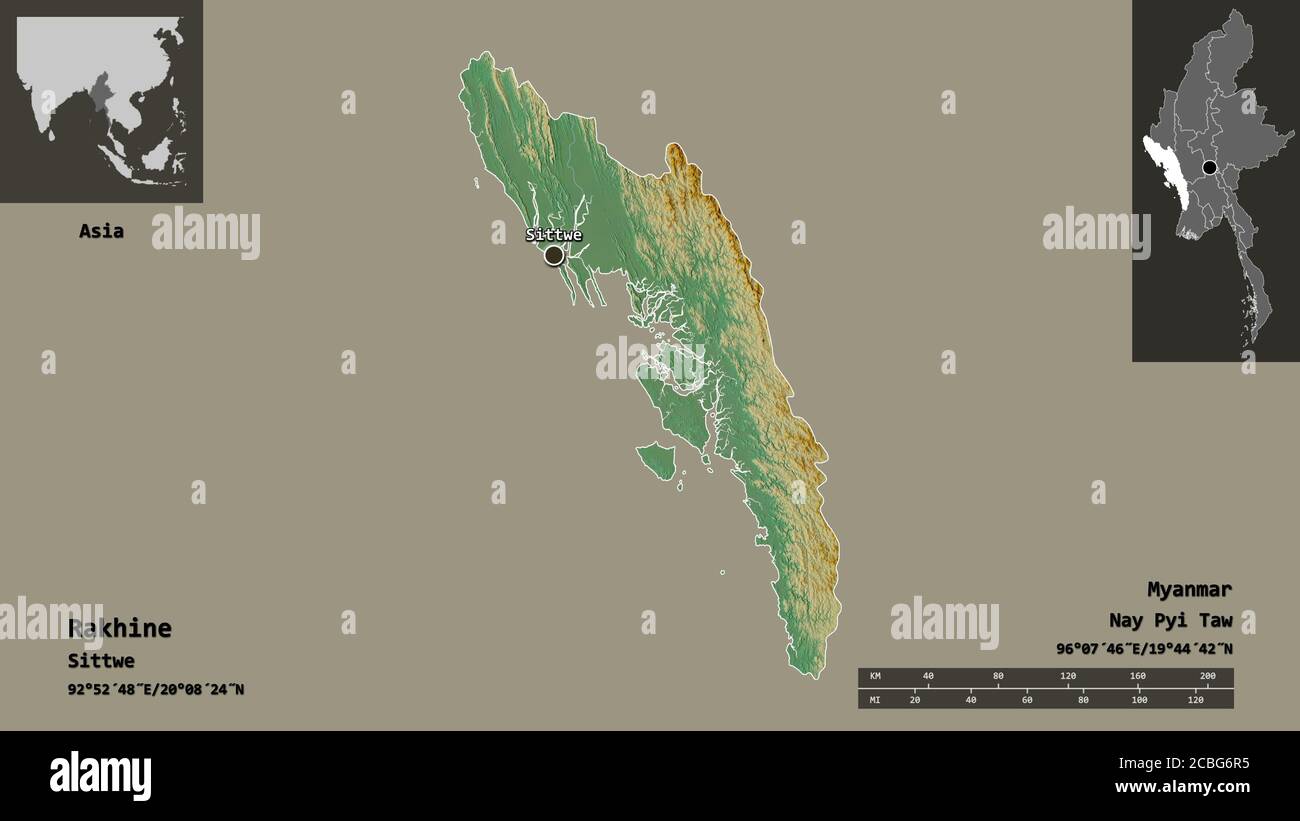 Shape of Rakhine, state of Myanmar, and its capital. Distance scale ...