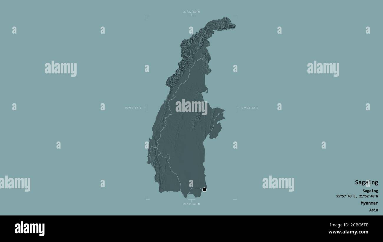 Area of Sagaing, division of Myanmar, isolated on a solid background in ...