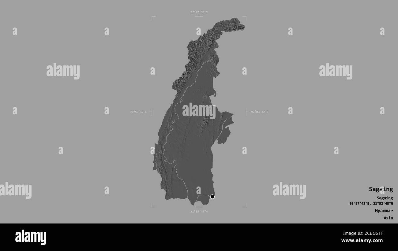 Area of Sagaing, division of Myanmar, isolated on a solid background in ...