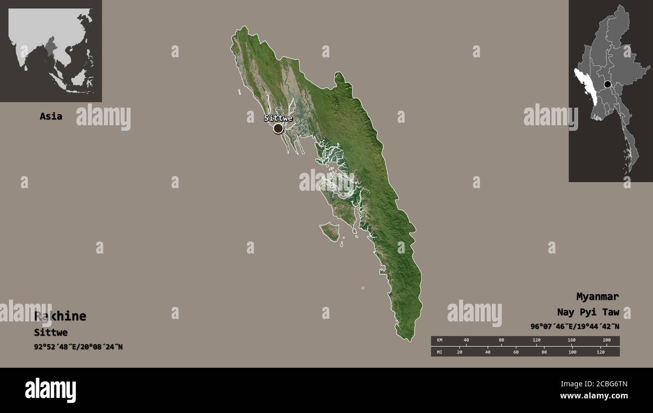 Shape of Rakhine, state of Myanmar, and its capital. Distance scale ...
