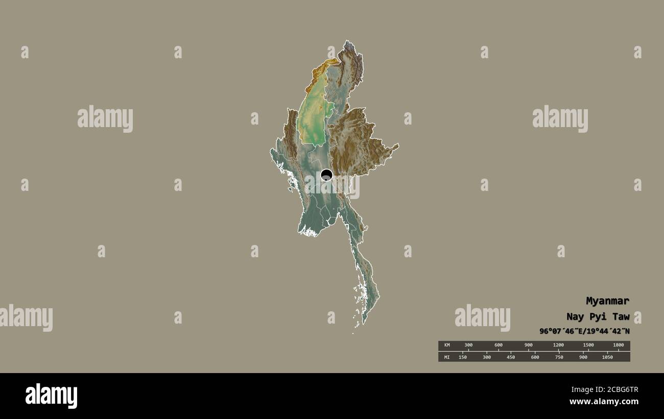 Desaturated shape of Myanmar with its capital, main regional division ...