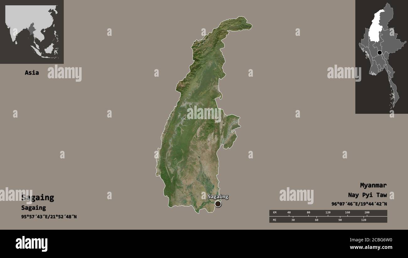 Shape of Sagaing, division of Myanmar, and its capital. Distance scale ...