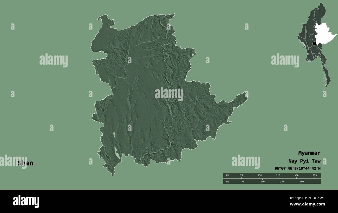 Shape of Shan, state of Myanmar, with its capital isolated on solid ...