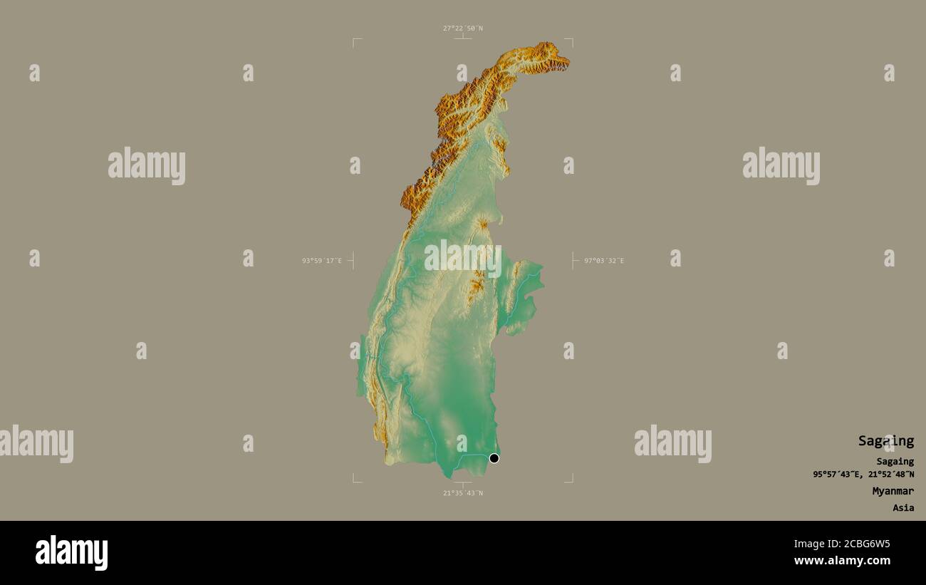 Area of Sagaing, division of Myanmar, isolated on a solid background in ...