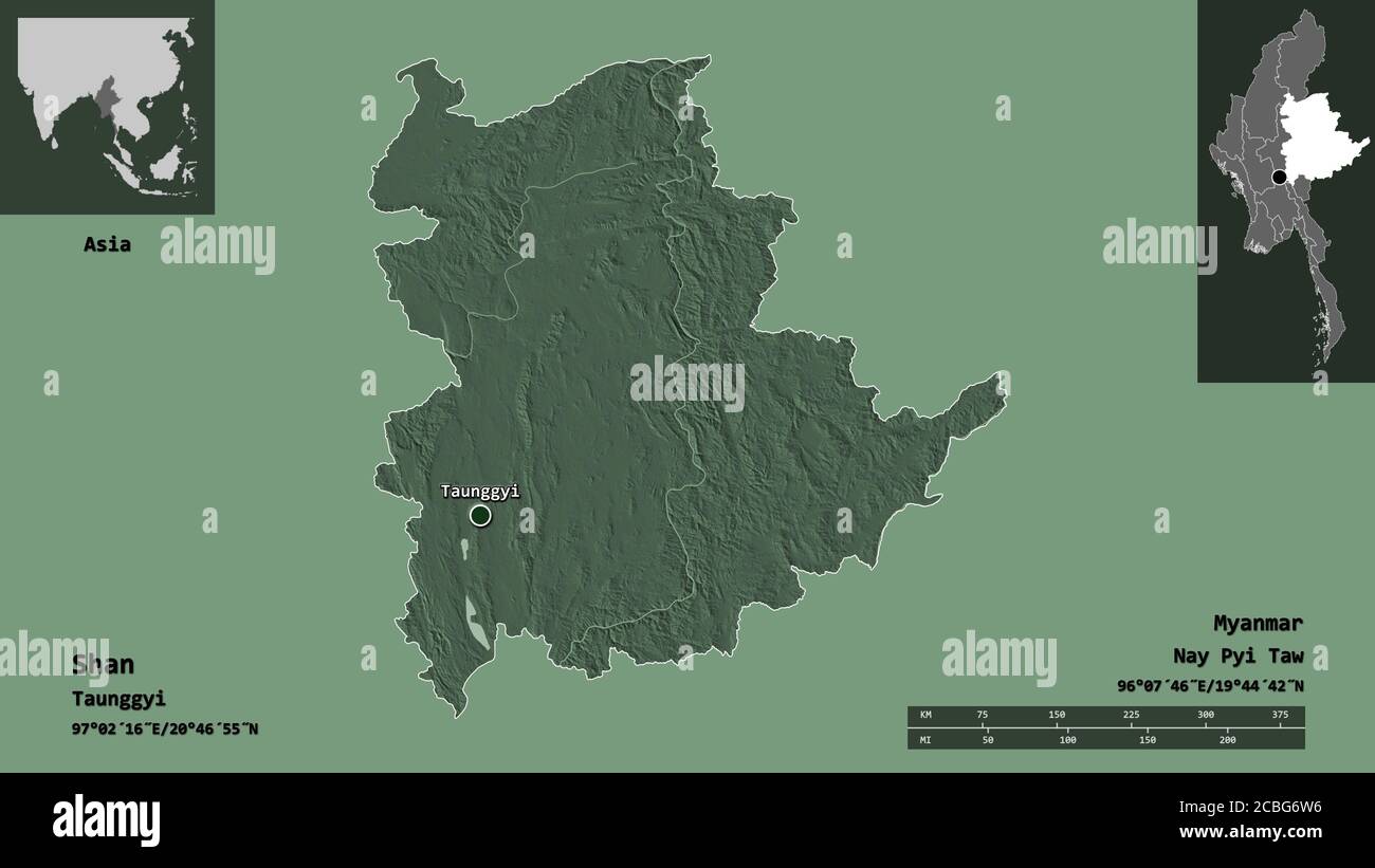 Shape of Shan, state of Myanmar, and its capital. Distance scale ...