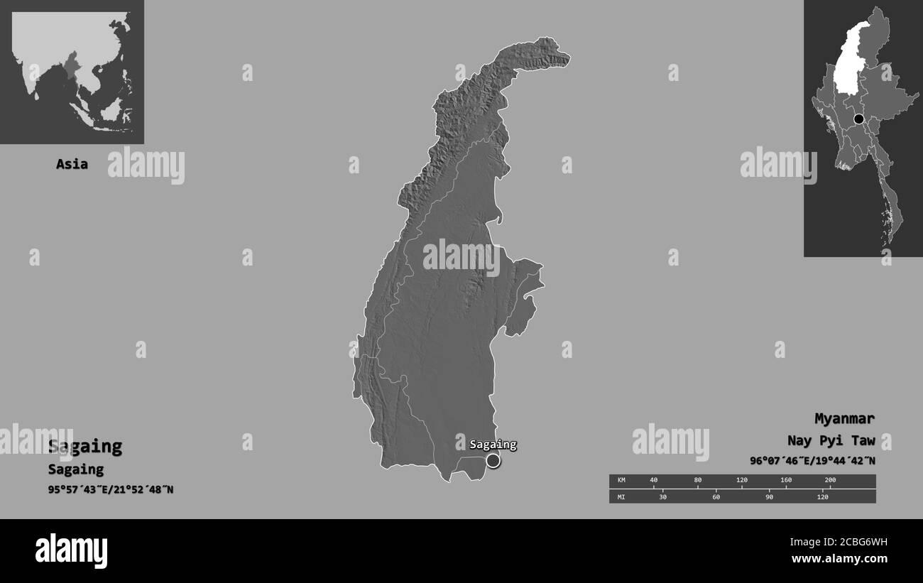 Shape of Sagaing, division of Myanmar, and its capital. Distance scale ...
