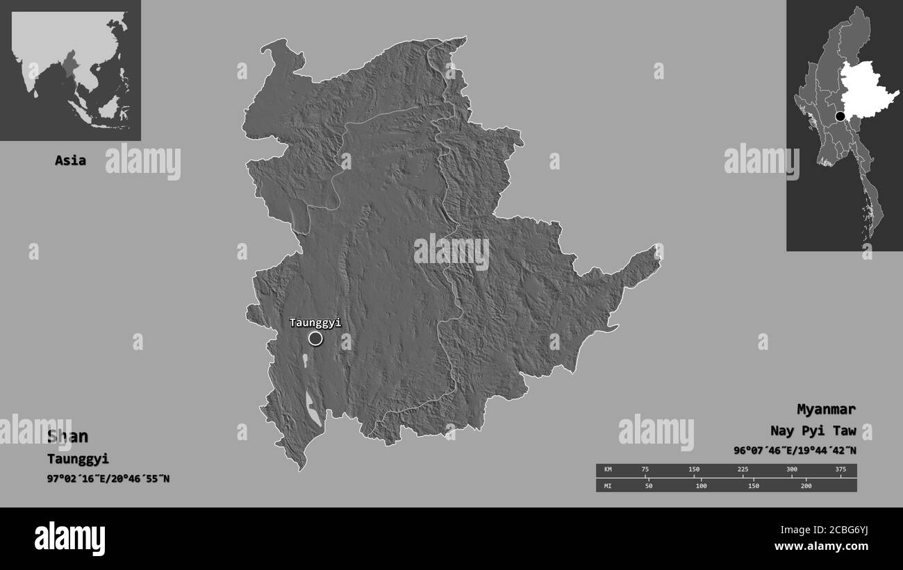 Shape of Shan, state of Myanmar, and its capital. Distance scale ...