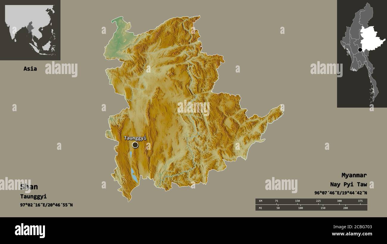 Shape of Shan, state of Myanmar, and its capital. Distance scale ...