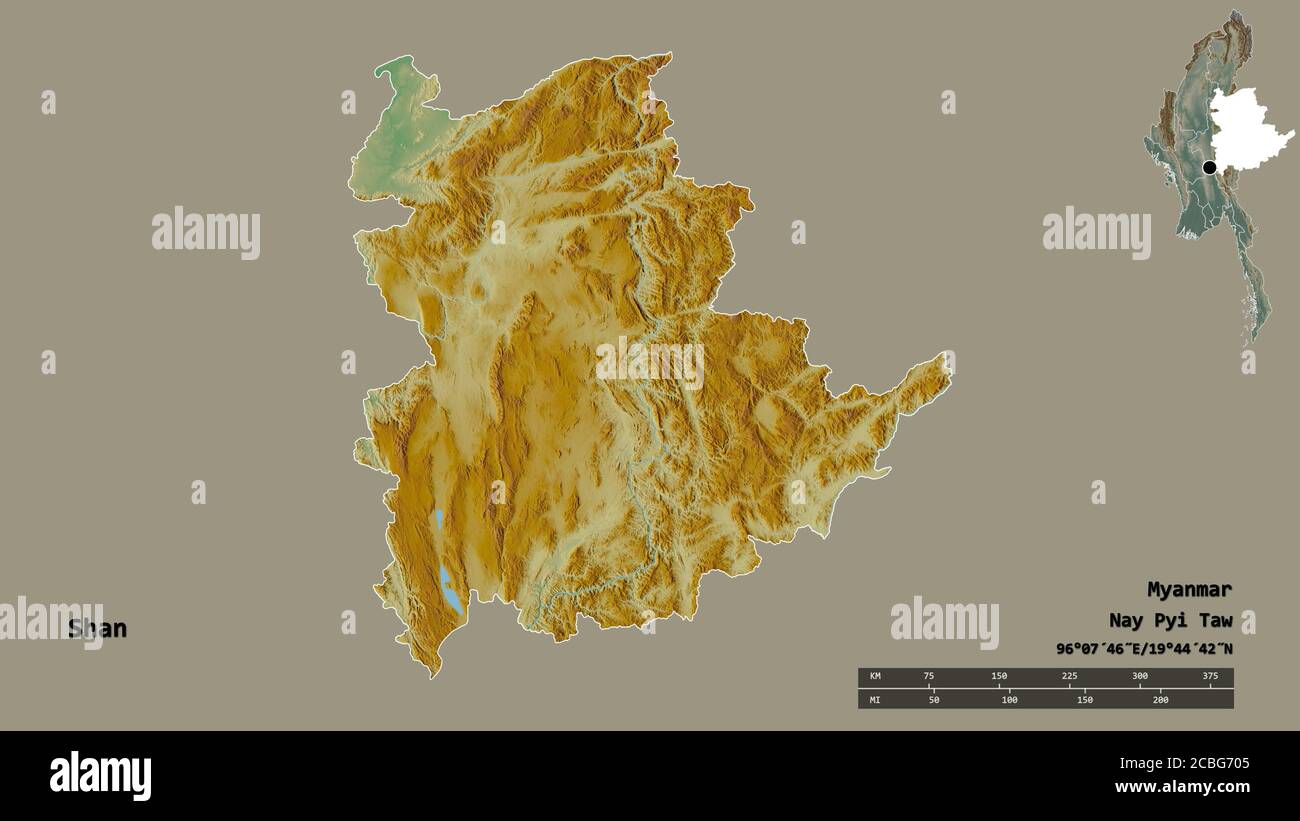 Shape of Shan, state of Myanmar, with its capital isolated on solid ...