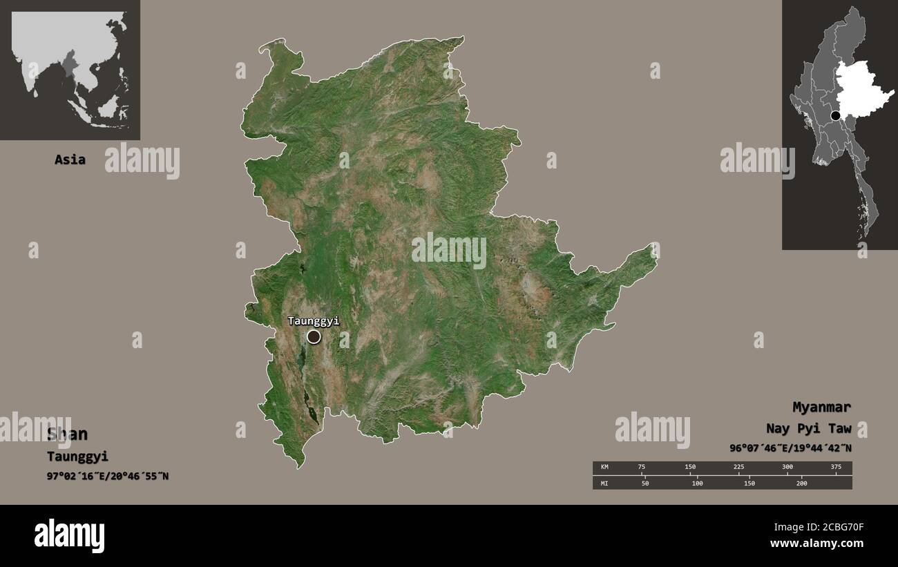 Shape of Shan, state of Myanmar, and its capital. Distance scale ...