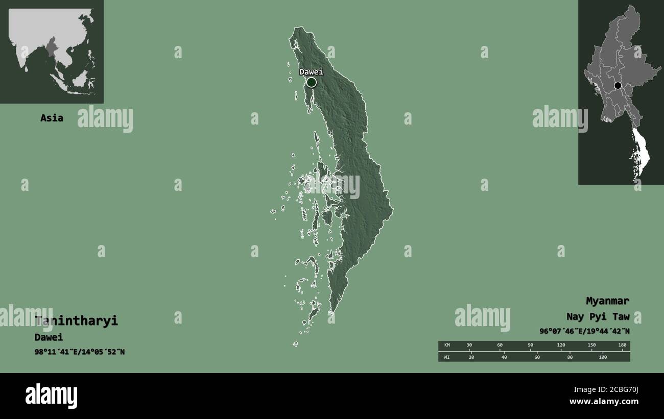 Shape of Tanintharyi, division of Myanmar, and its capital. Distance ...