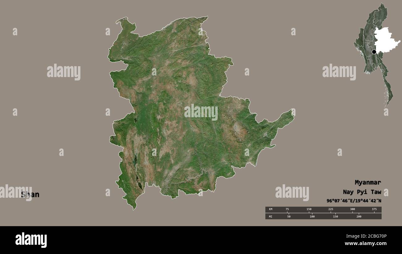 Shape of Shan, state of Myanmar, with its capital isolated on solid ...