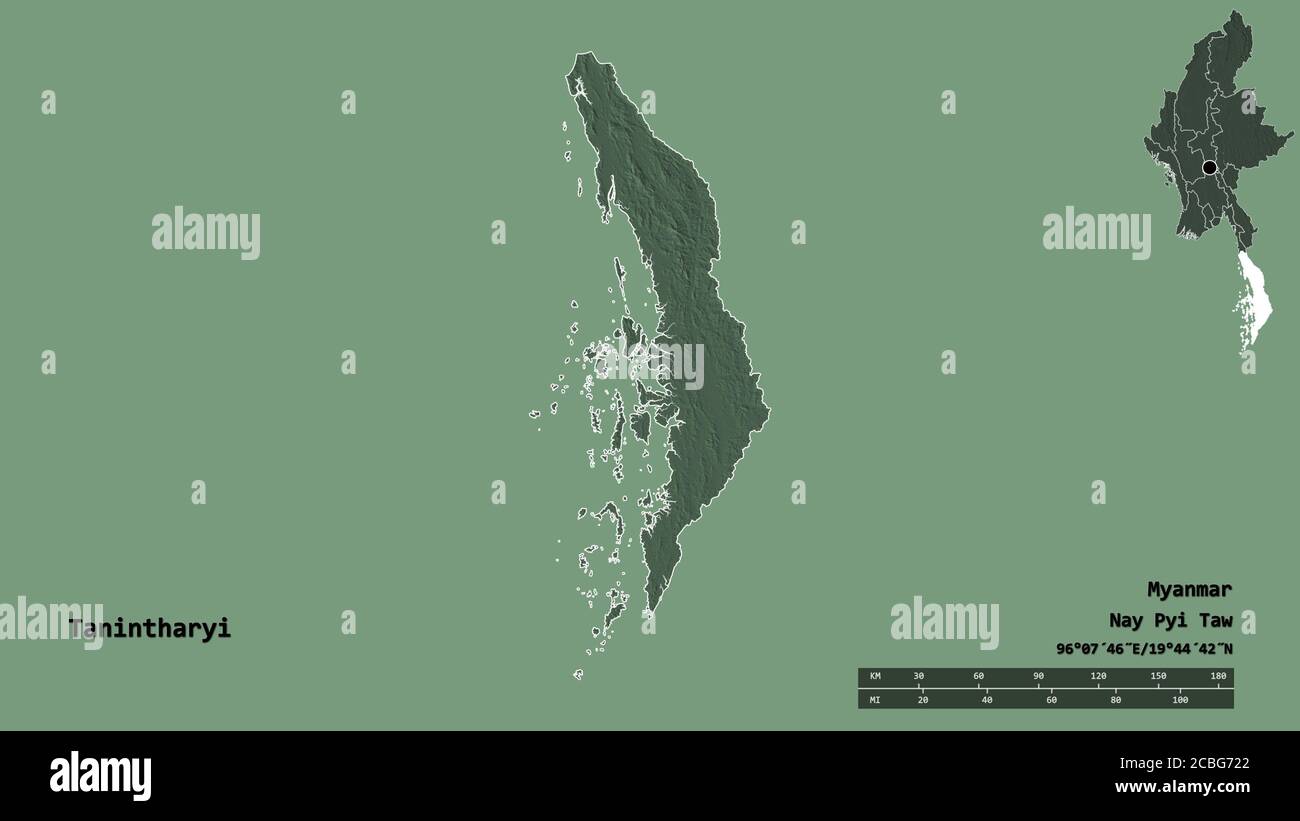 Shape of Tanintharyi, division of Myanmar, with its capital isolated on ...