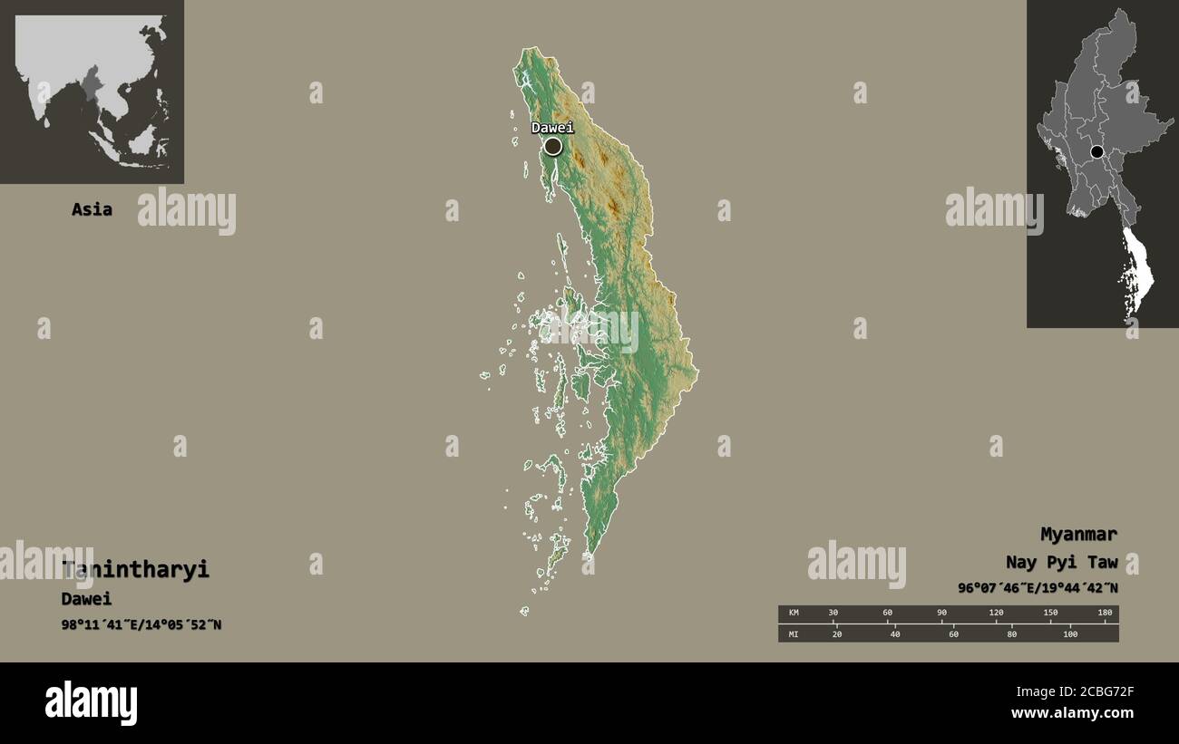 Shape of Tanintharyi, division of Myanmar, and its capital. Distance ...