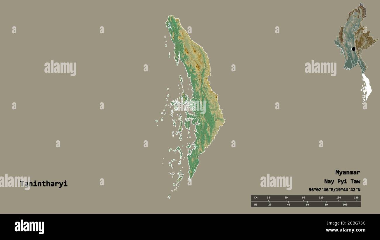 Shape of Tanintharyi, division of Myanmar, with its capital isolated on ...