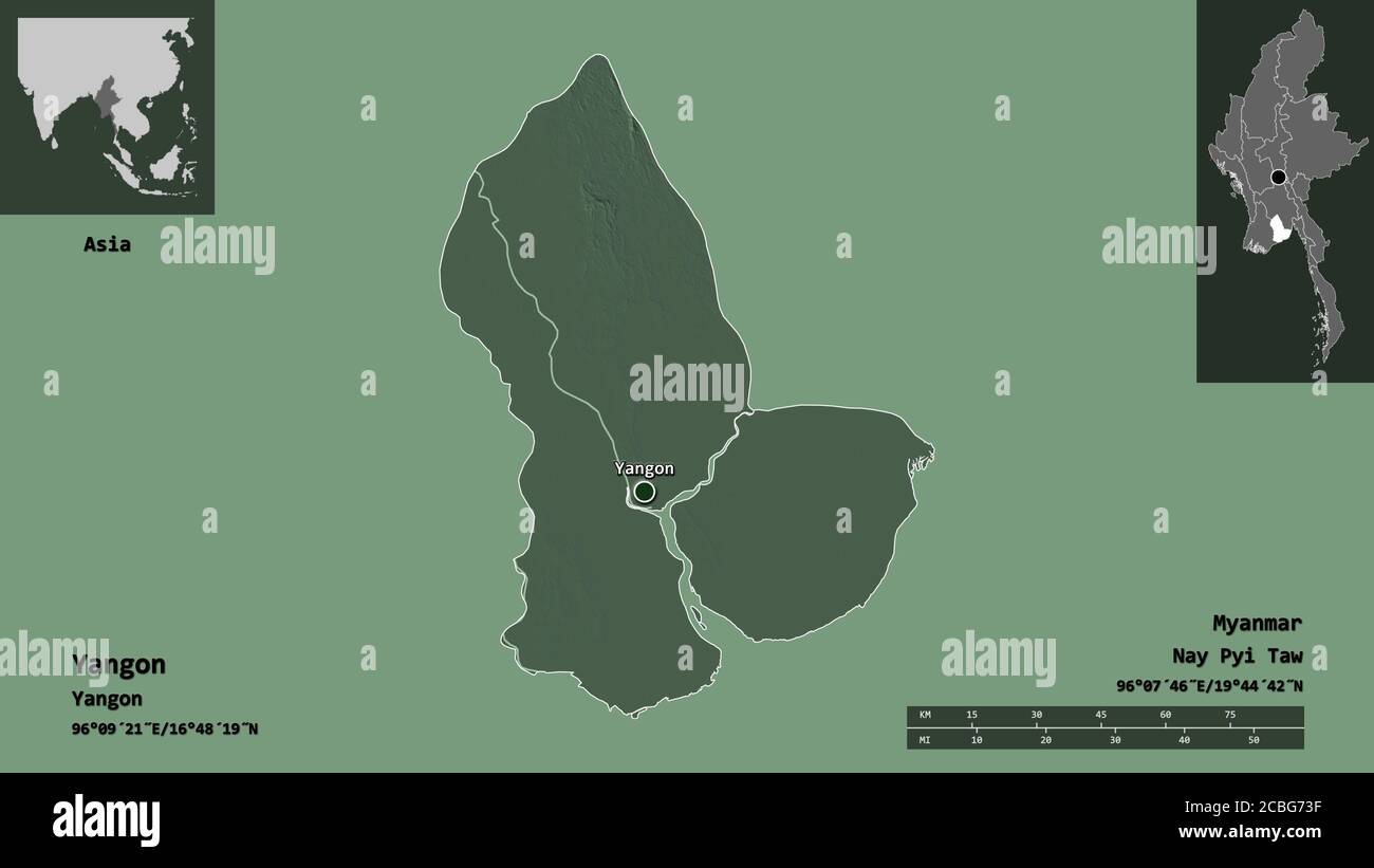 Shape of Yangon, division of Myanmar, and its capital. Distance scale ...