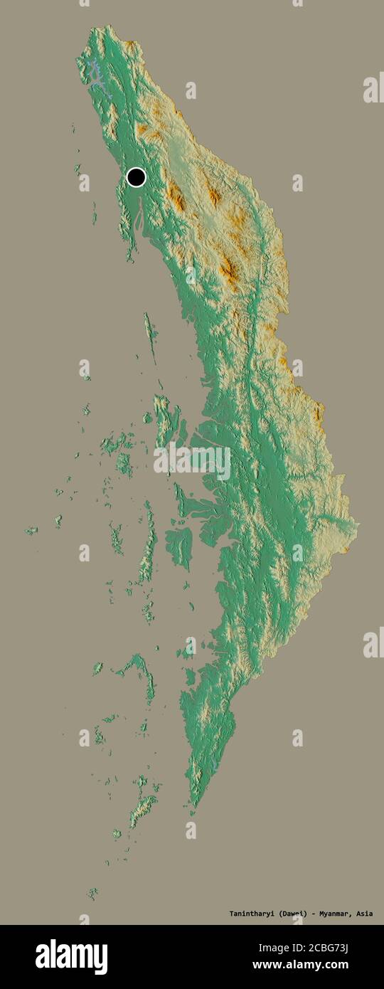 Shape of Tanintharyi, division of Myanmar, with its capital isolated on ...