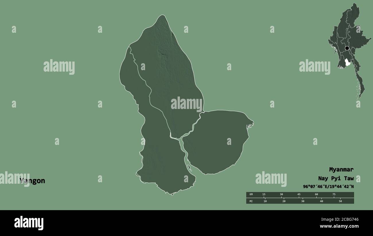 Shape of Yangon, division of Myanmar, with its capital isolated on ...